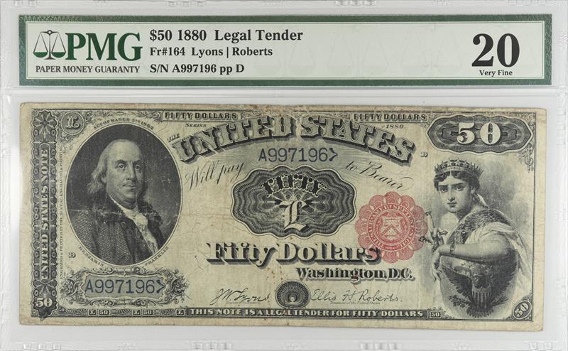 Buy US LARGE SIZE CURRENCY-1880 $50 Legal Tender PMG VF20 FR#164 sn A997196